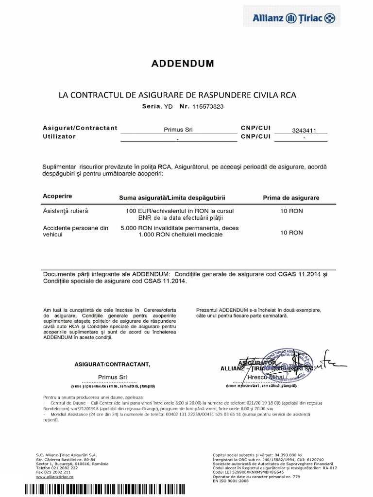 Polita Rca Primus SRL | PDF | Business