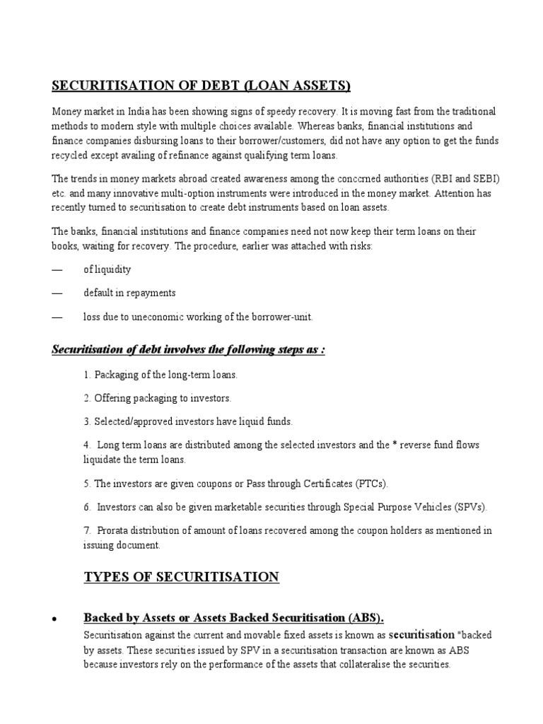 Securitisation of Debt (Loan Assets) | PDF | Securitization | Loans