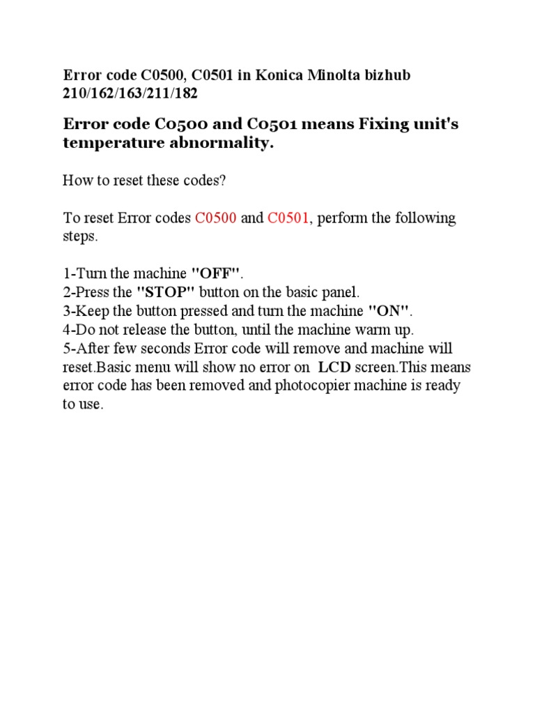 Konica Minolta C211 - Error Code C0501 | PDF