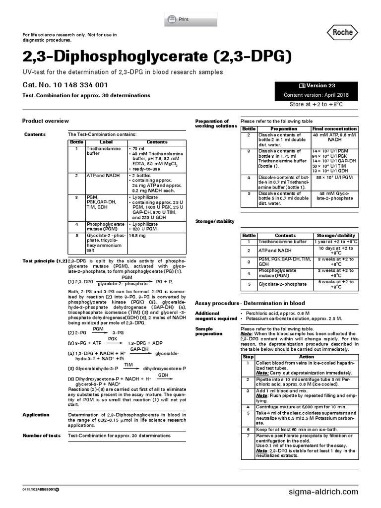 2,3-Diphosphoglycerate (2,3-DPG) : Cat. No. 10 148 334 001 | PDF