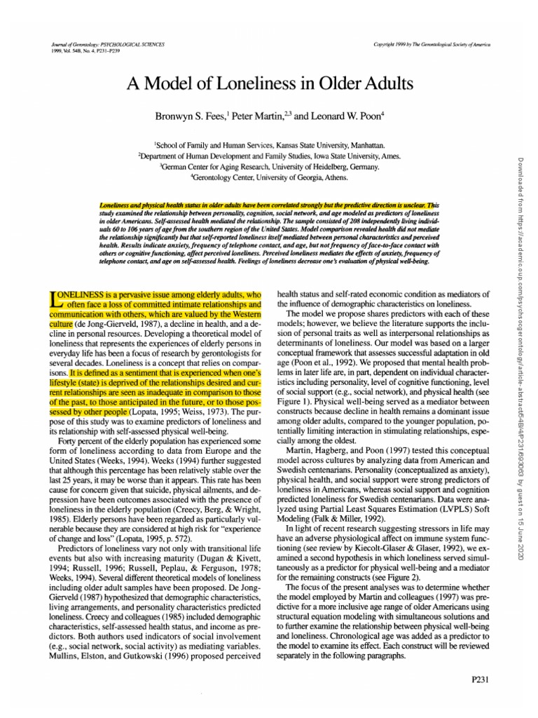 A Model of Loneliness in Older Adults | PDF | Science & Mathematics