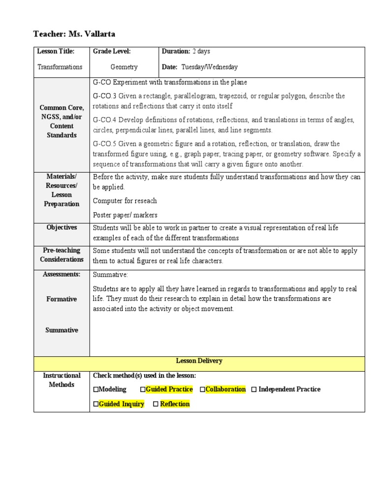 Geometry Transformations Lesson Plan | PDF