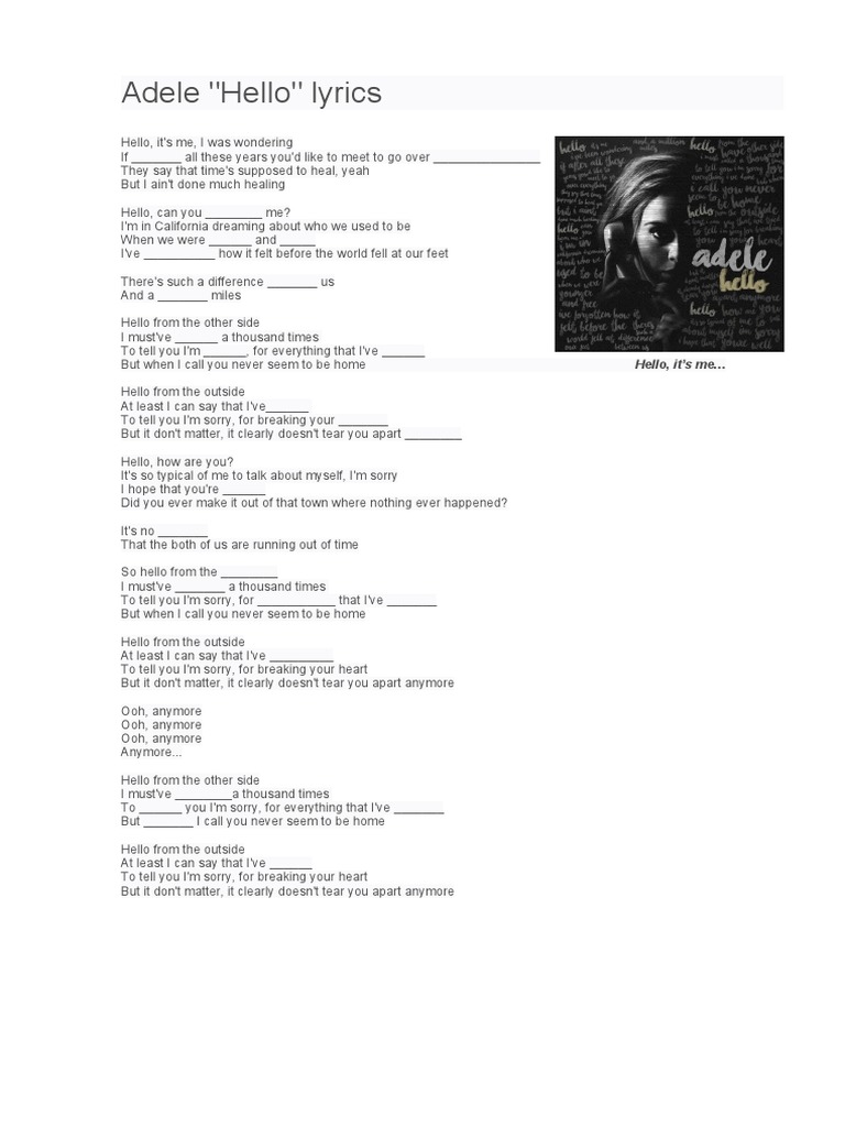 Adele "Hello" Lyrics | PDF | Language Arts & Discipline | Art