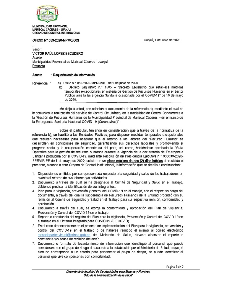 Oficio N°059-2020-MPMC-OCI - REQUERIMIENTO DE INFORMACION - HITO 1 | PDF