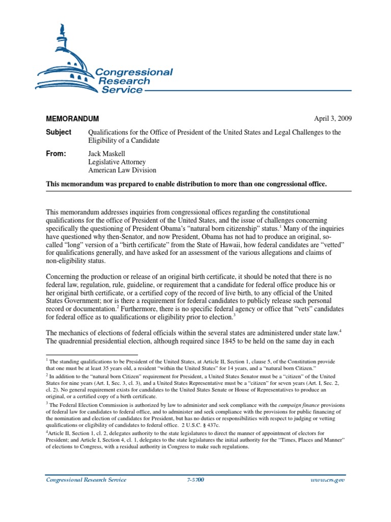 Congressional Talking Points Memo on Presidential Eligibility | United ...