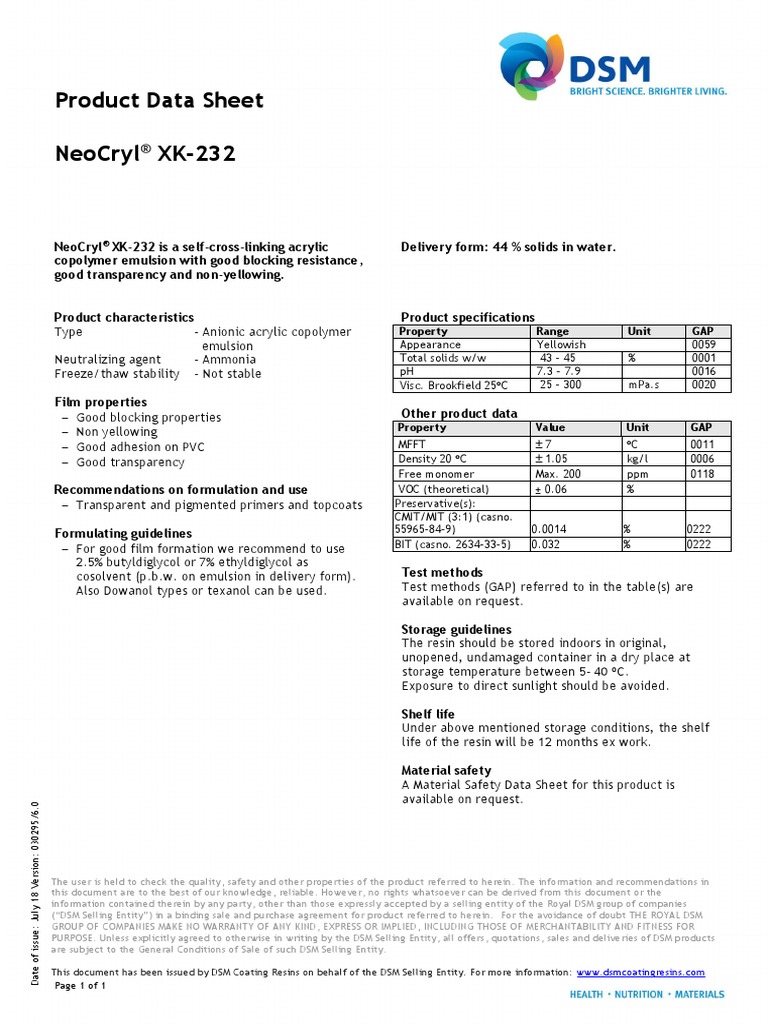 Product Data Sheet Neocryl Xk-232: Property Range Unit Gap | PDF