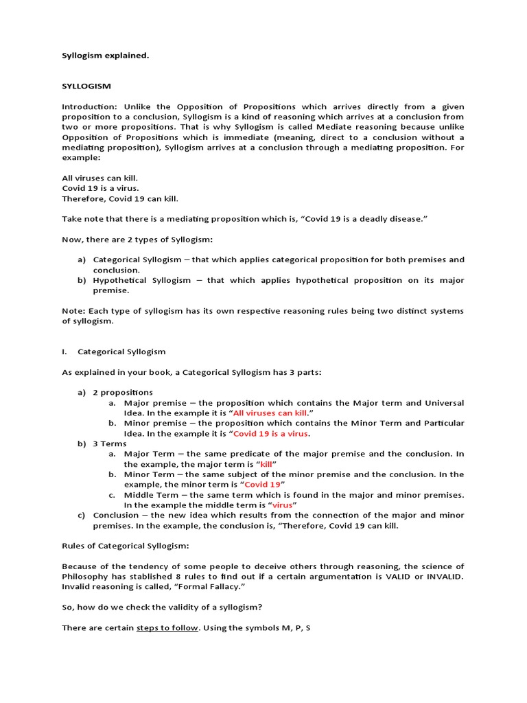 Syllogism Explained.: All Viruses Can Kill Covid 19 Is A Virus | PDF