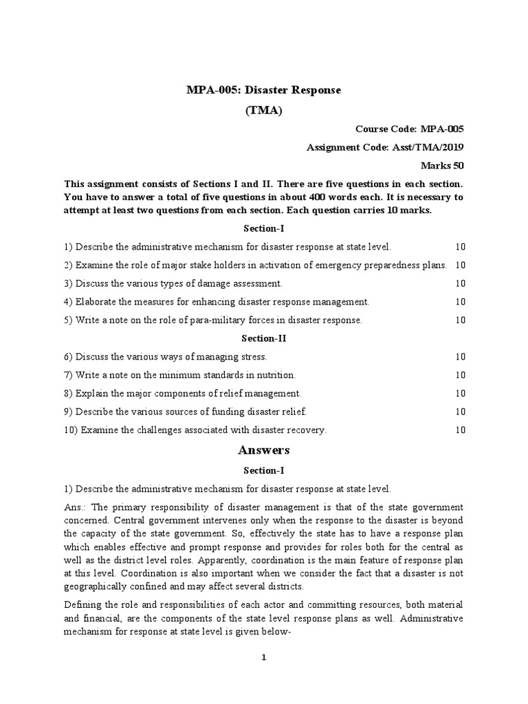MPA-005: Disaster Response (TMA) : Answers | PDF