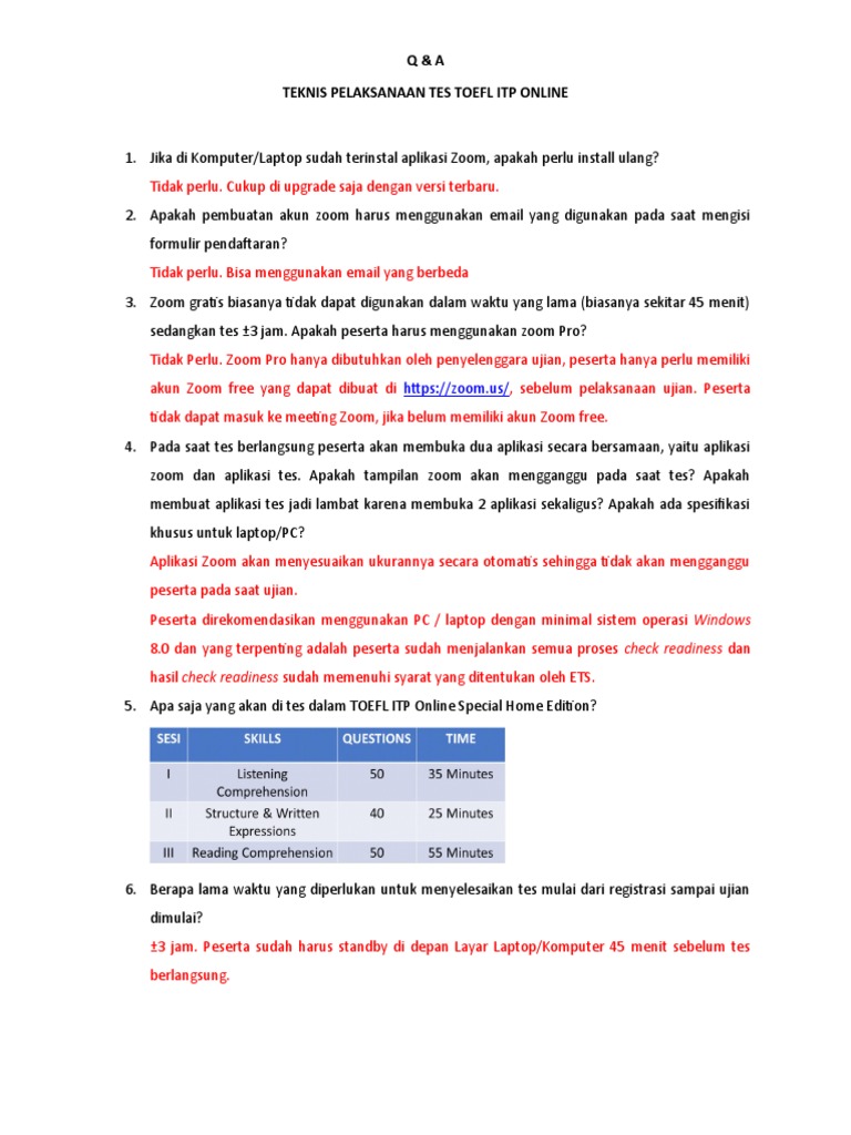 Q & A TOEFL ITP Online - UNJ | PDF