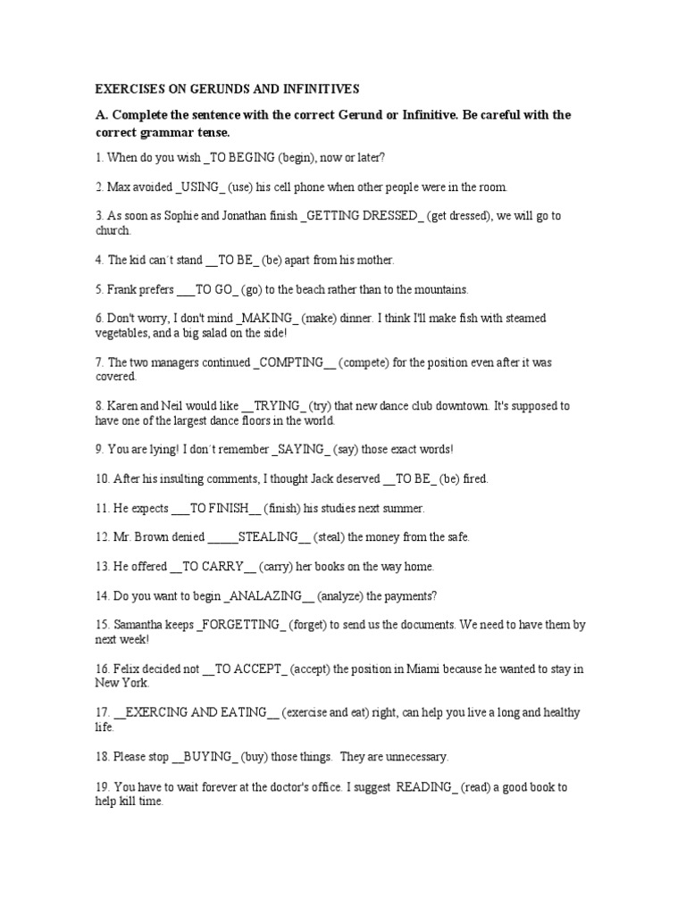 Exercises On Gerunds and Infinitives - Alison | PDF