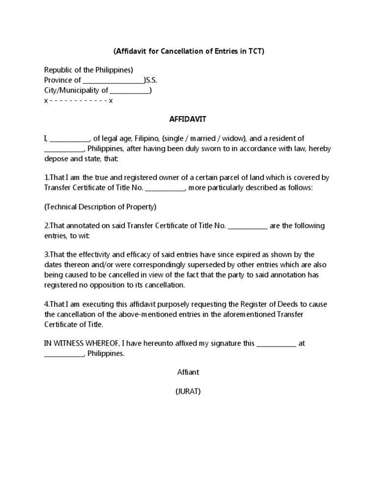 Affidavit For Cancellation of Entries in TCT | PDF | Social Science