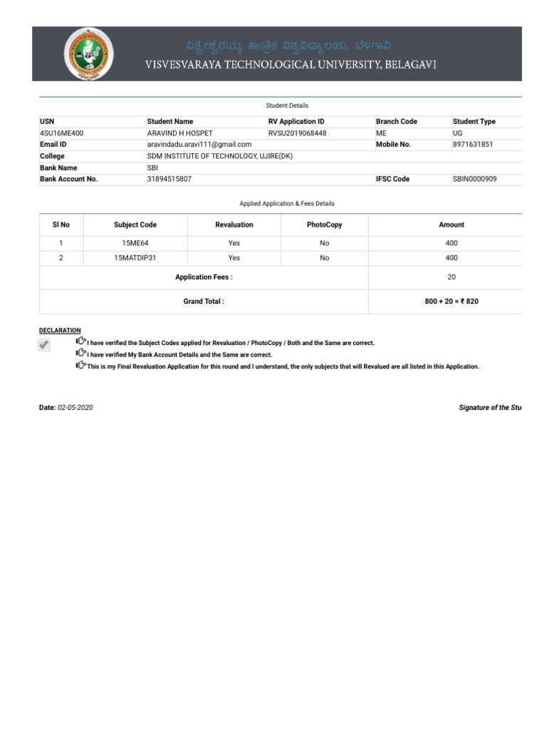 USN Student Name RV Application ID Branch Code Student Type Email ID ...