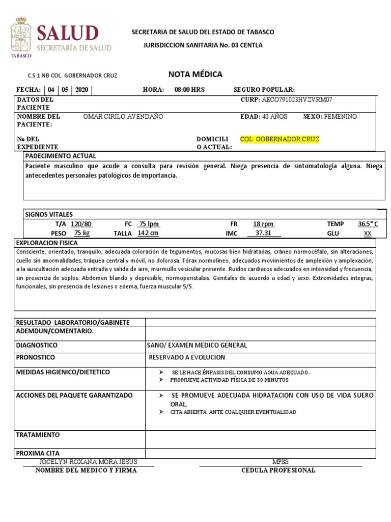 Formato de Nota Medica | PDF | Enfermedades y trastornos humanos | Cuidado de la salud