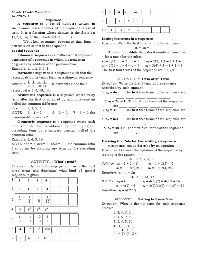 Grade 10 - Mathematics Lesson 1 Sequence | PDF