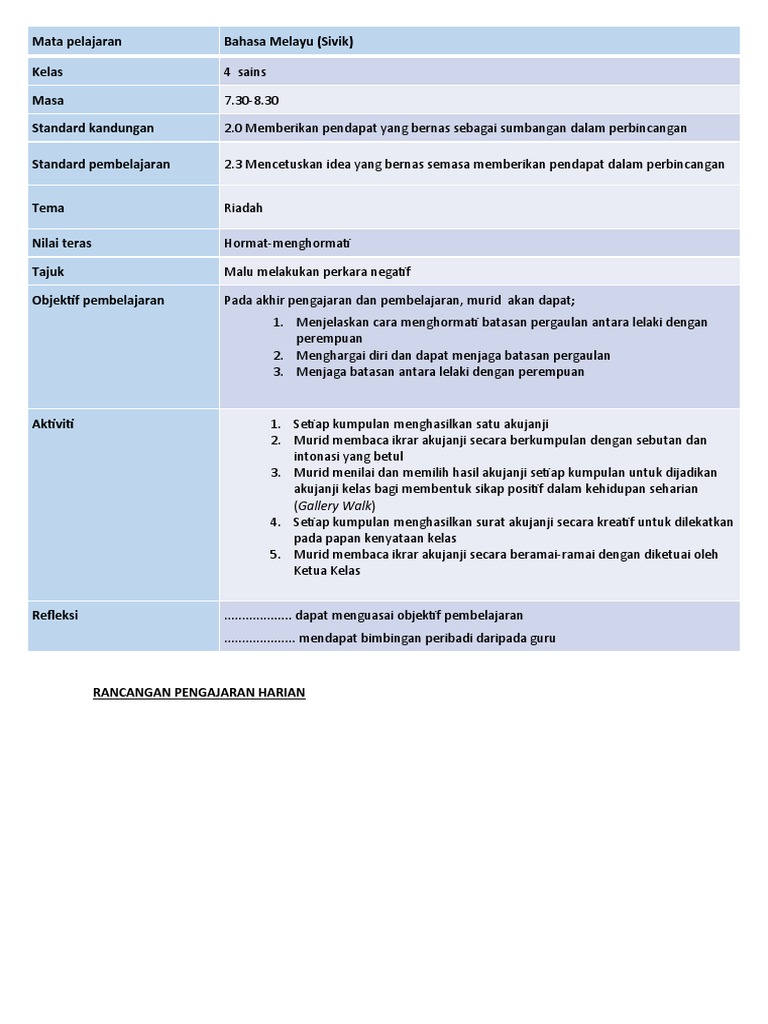 RPH BM (Sivik) Hormat-Menghormati T4 | PDF
