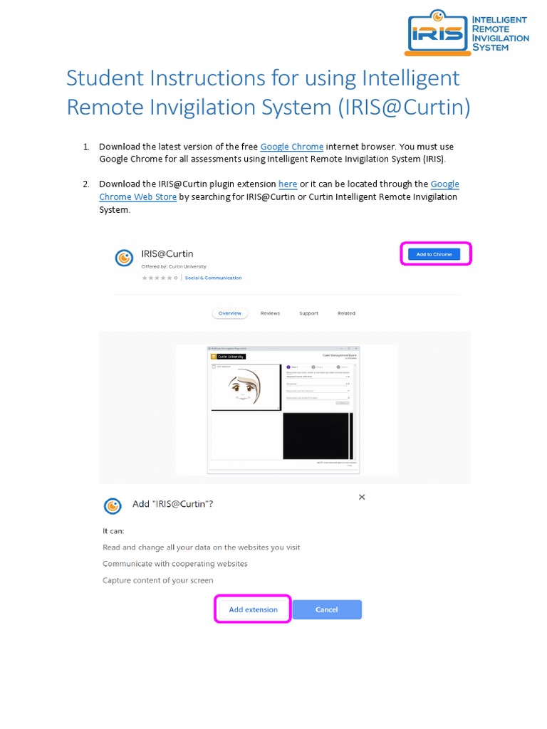 Student Instructions For Using Intelligent Remote Invigilation System (IRIS@Curtin) | PDF
