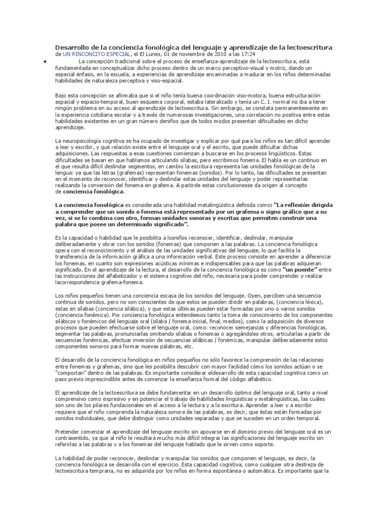 Conciencia Fonológica Del Lenguaje y Aprendizaje de La Lectoescritura | PDF