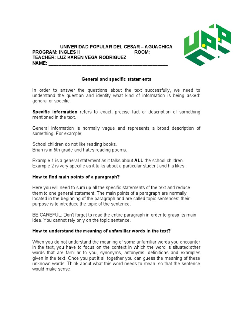 General and Specific Statements ACTIVITY | PDF