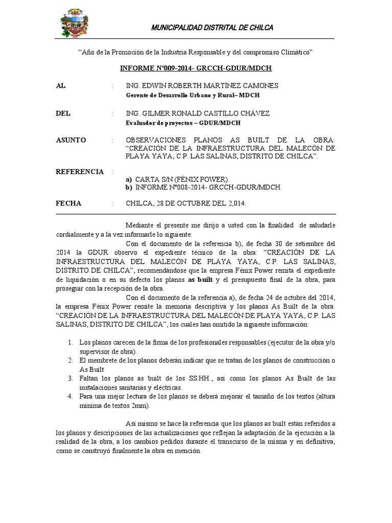 INFORME N°009 - Recepcion Obra Playa Yaya | PDF