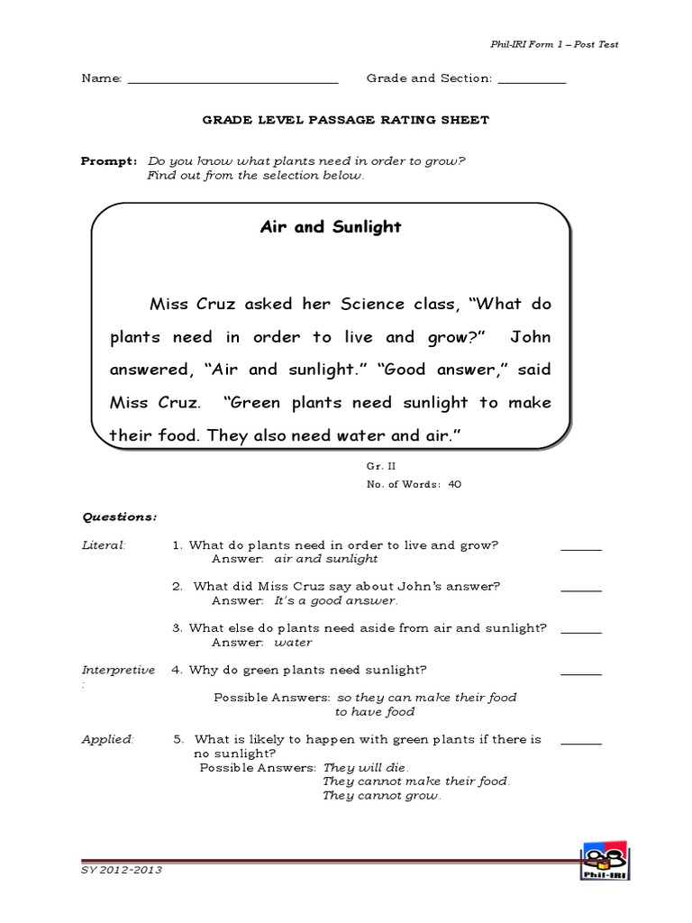 Grade 2.AIR AND SUNLIGHT - Oral | PDF