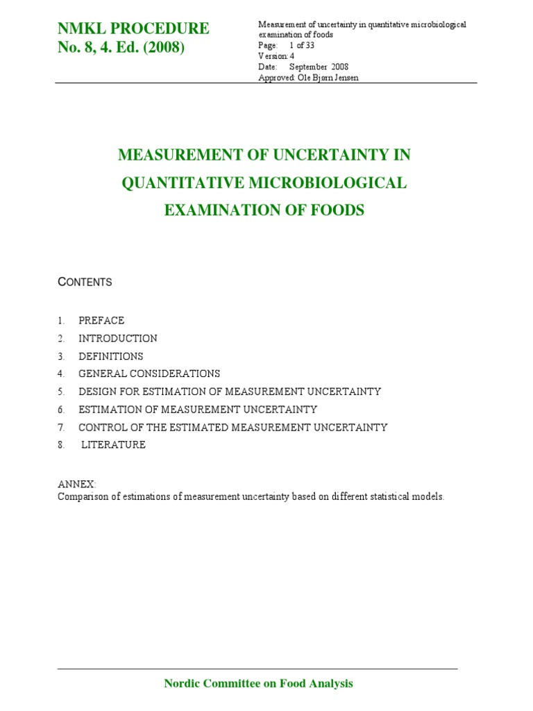 NMKL Procedure No. 8, 4. Ed. (2008) : Ontents | PDF | Uncertainty ...