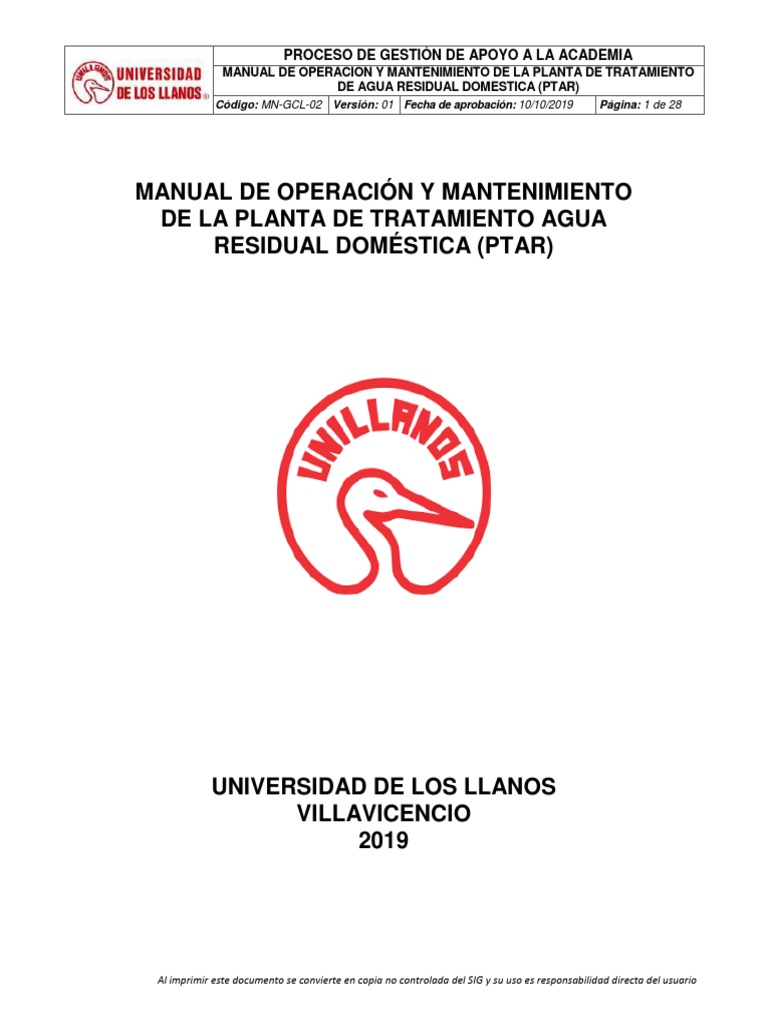 Manual de Operación Y Mantenimiento de La Planta de Tratamiento Agua Residual Doméstica (Ptar ...