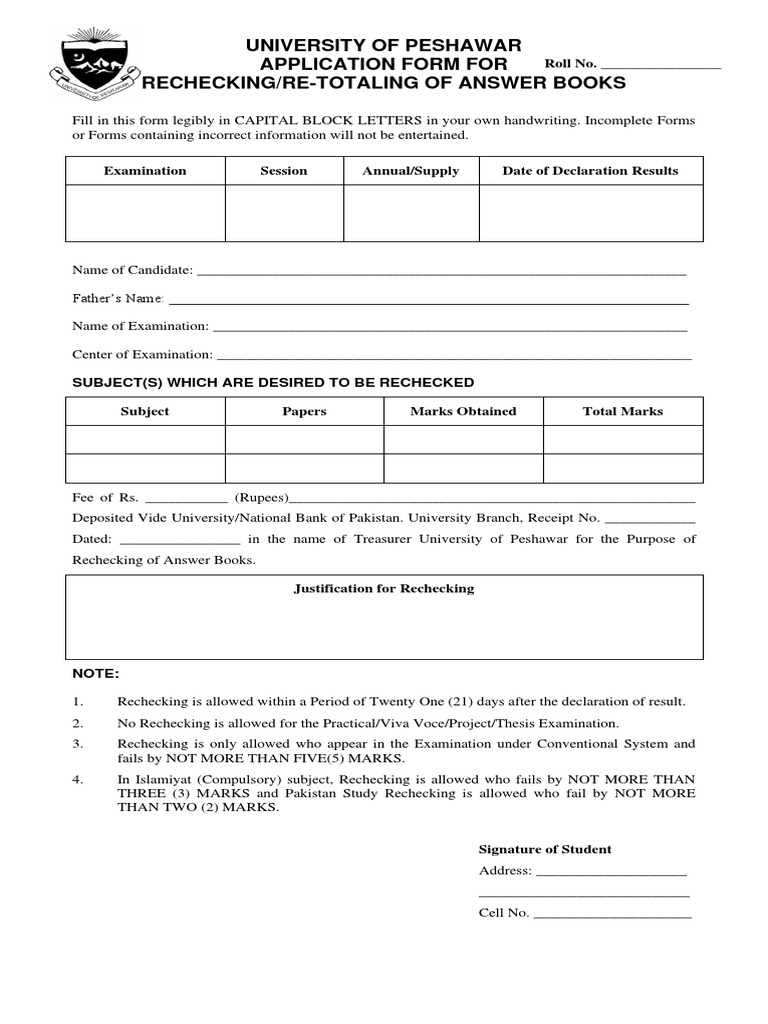 University of Peshawar Application Form For Rechecking/Re-Totaling of ...