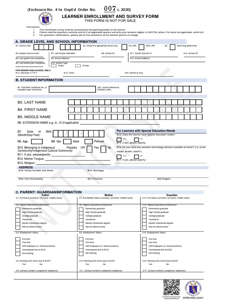 Learner Enrollment and Survey Form:, (Enclosure No. 4 To Deped Order No ...