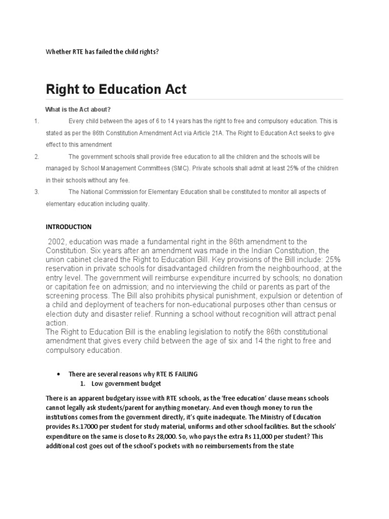 Right To Education Act: What Is The Act About? | PDF