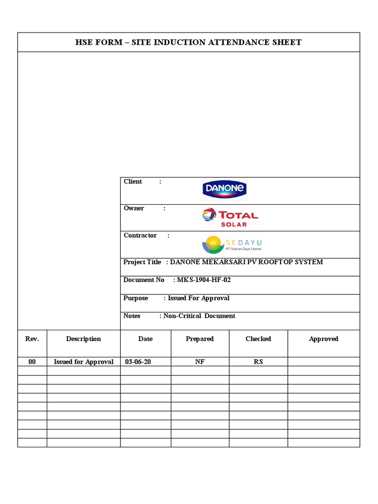MKS-1904-HF-02 - Site Induction Attendance Sheet | PDF