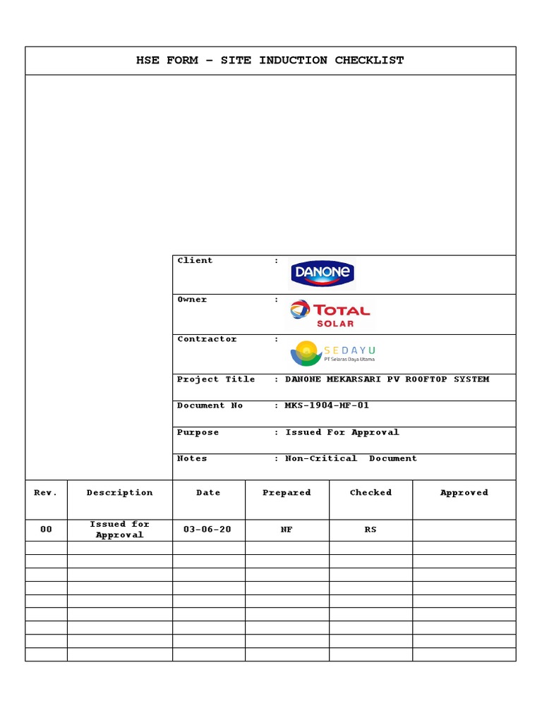 MKS-1904-HF-01 - Site Induction Checklist | PDF