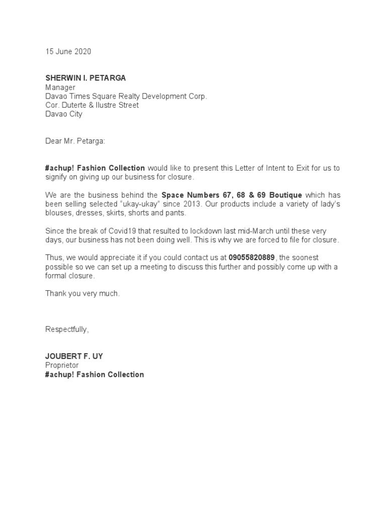 Letter For Business Closure | PDF