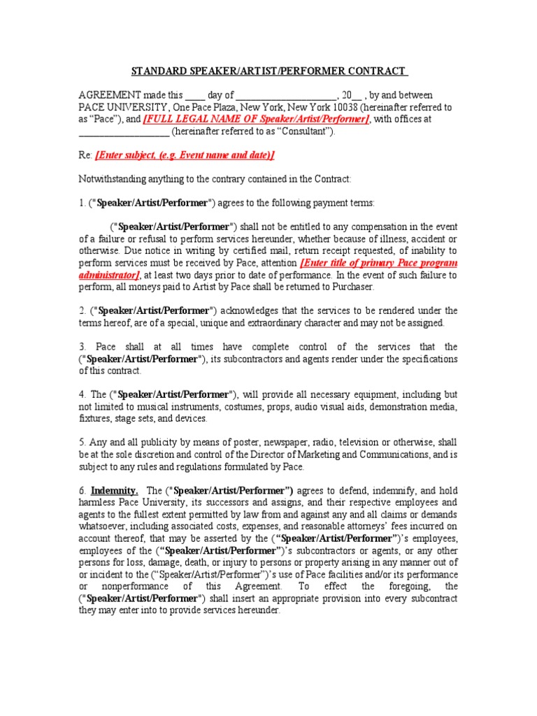 Pace University Performer Contract | PDF | Indemnity | Liability Insurance