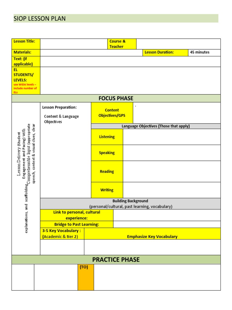 Siop Lesson Plan: Focus Phase | PDF | Lesson Plan | Neuropsychological ...