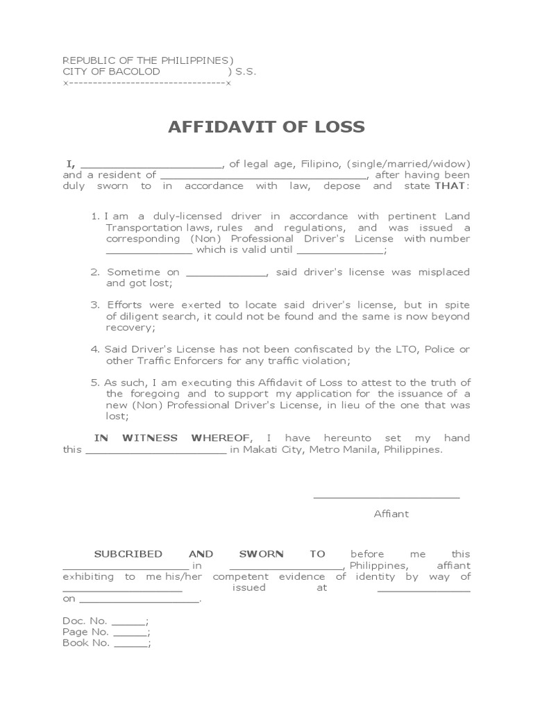 Affidavit of Loss for Driver's License | PDF | Finance & Money Management