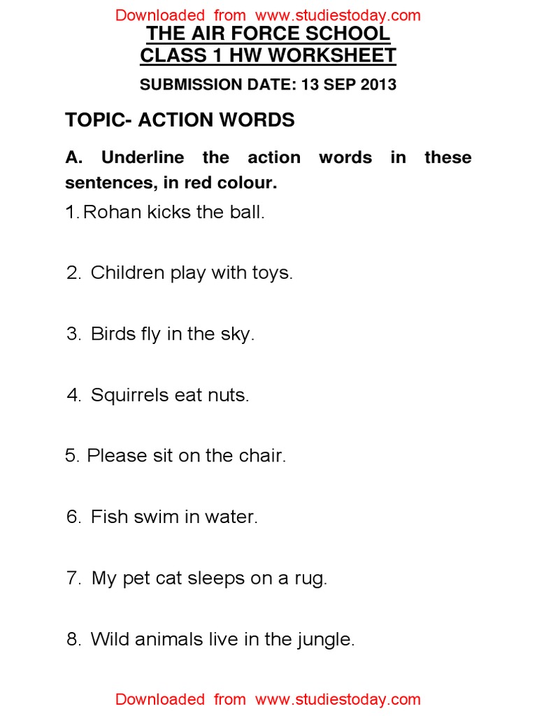 CBSE Class 1 English Worksheets (50) - Action Words PDF | PDF