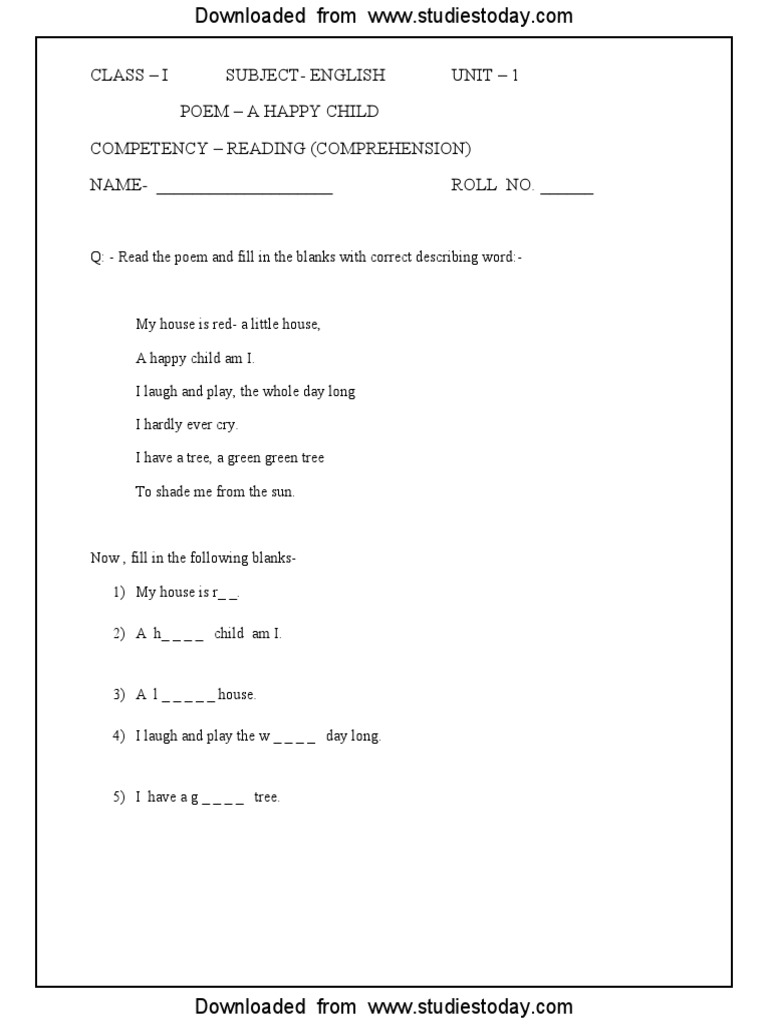 English Worksheets For Class 1 Cbse Free Download MTG 65 English