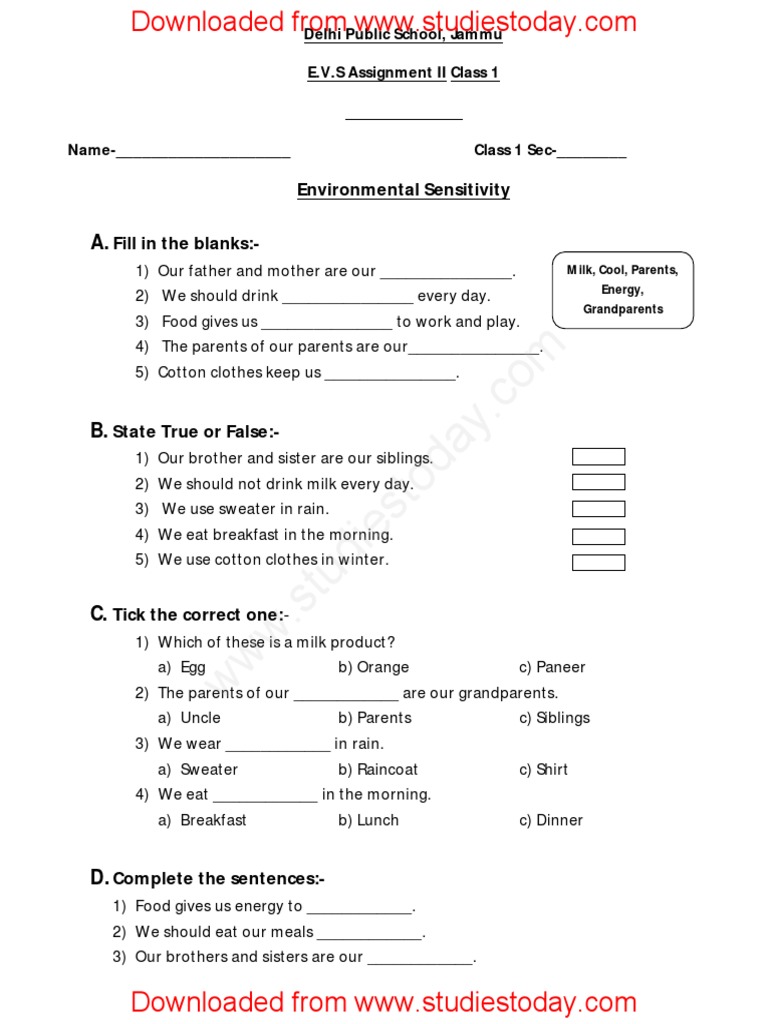 CBSE Class 1 EVS Assignment (4) - Environmental Sensitivity | PDF