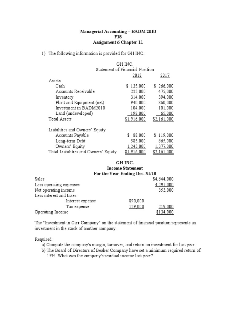 Managerial Accounting - BADM 2010 F18 Assignment 6 Chapter 11 | PDF ...