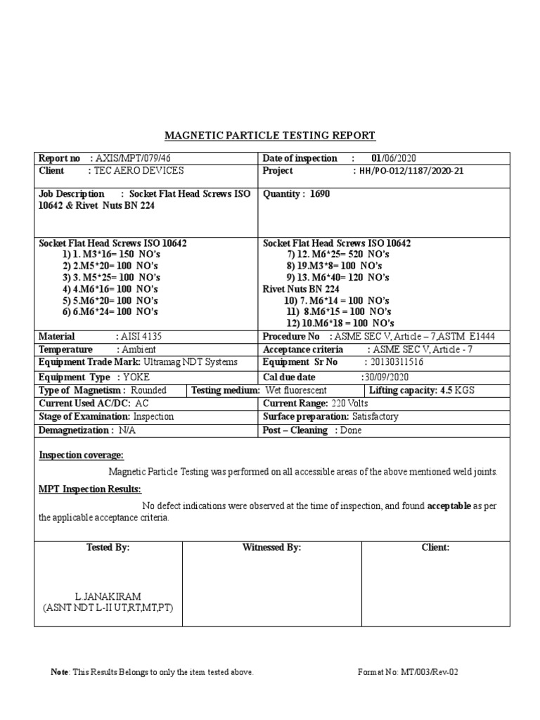 Magnetic Particle Testing Report | PDF