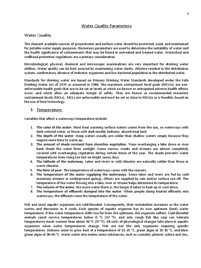 Water Quality Parameters Water Quality: o o o o | PDF | Alkalinity ...