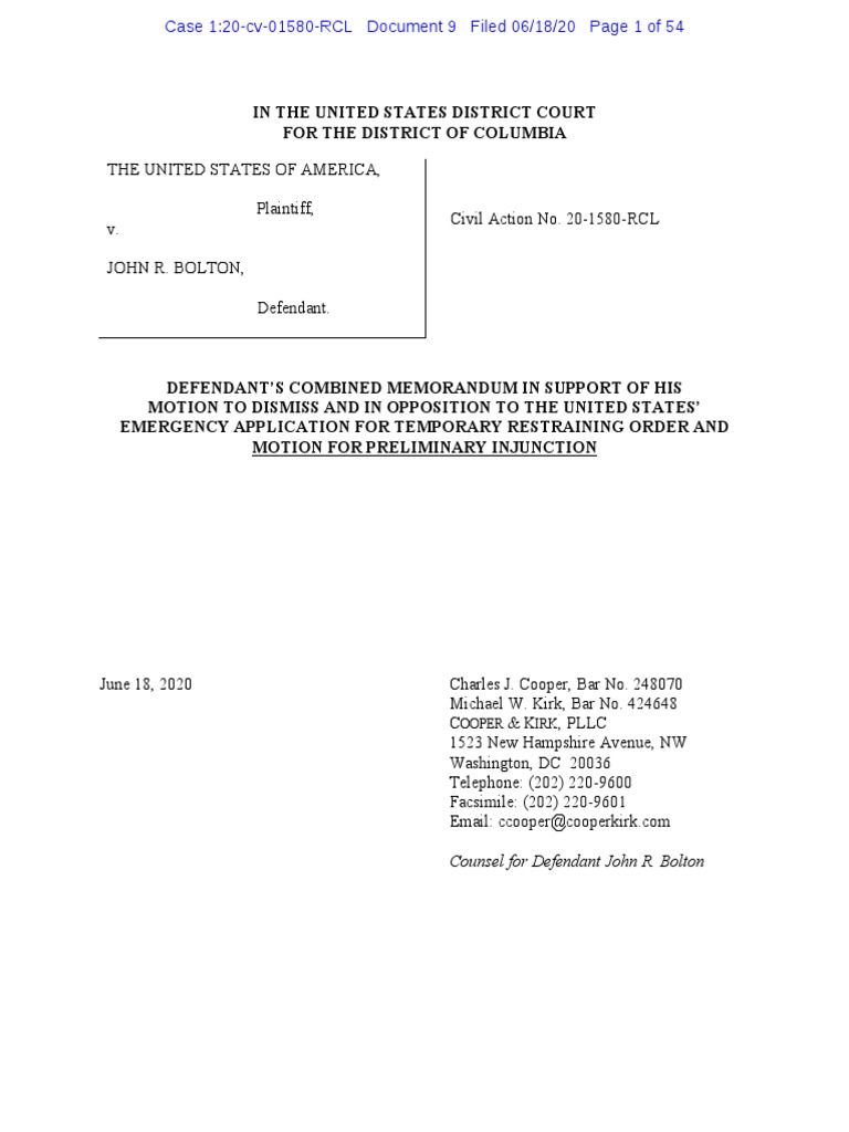 John Bolton Memorandum of Law - Motion to Dismiss