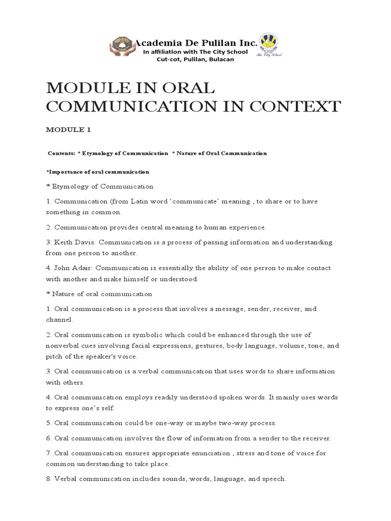 Module in Oral Communication in Context: Academia de Pulilan Inc | PDF