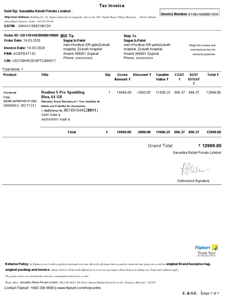 Realme 5 Pro Invoice Details | PDF