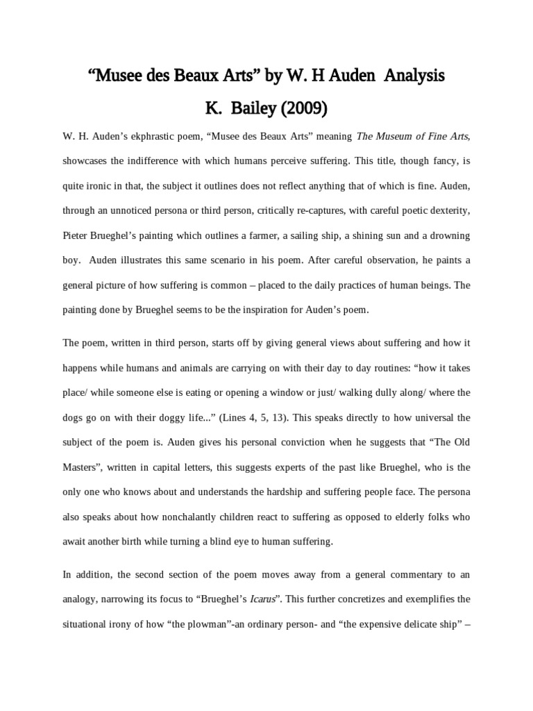 "Musee Des Beaux Arts" by W. H Auden Analysis K. Bailey (2009) | PDF ...