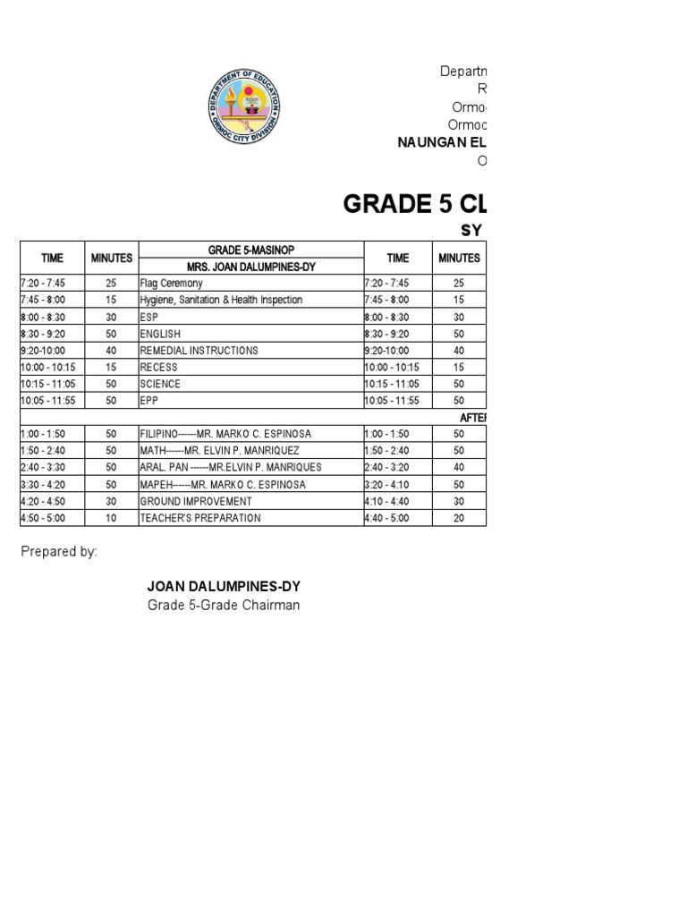 Grade 5 Class Program: Naungan Elementary School | PDF