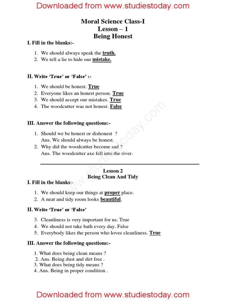CBSE Class 1 Moral Science Worksheet PDF | PDF