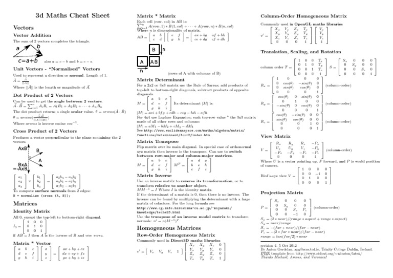 3D Maths and Vectors Cheat Sheet | PDF