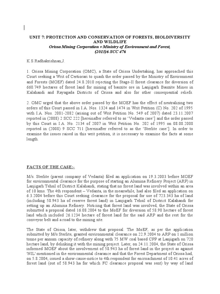Orissa Mining Corporation V Ministry of Environmetn and Forest, (2013 ...