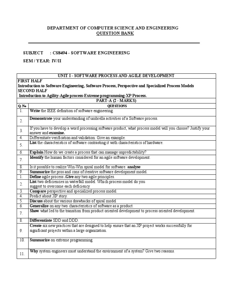 Software Engineering Question Bank for CS8494 | PDF